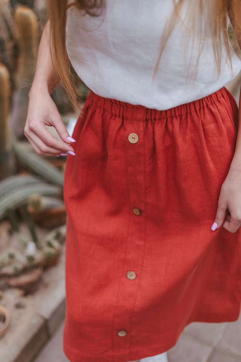 Linen Skirt Midi With Buttons Burnt Orange Rust Skirt With - Etsy