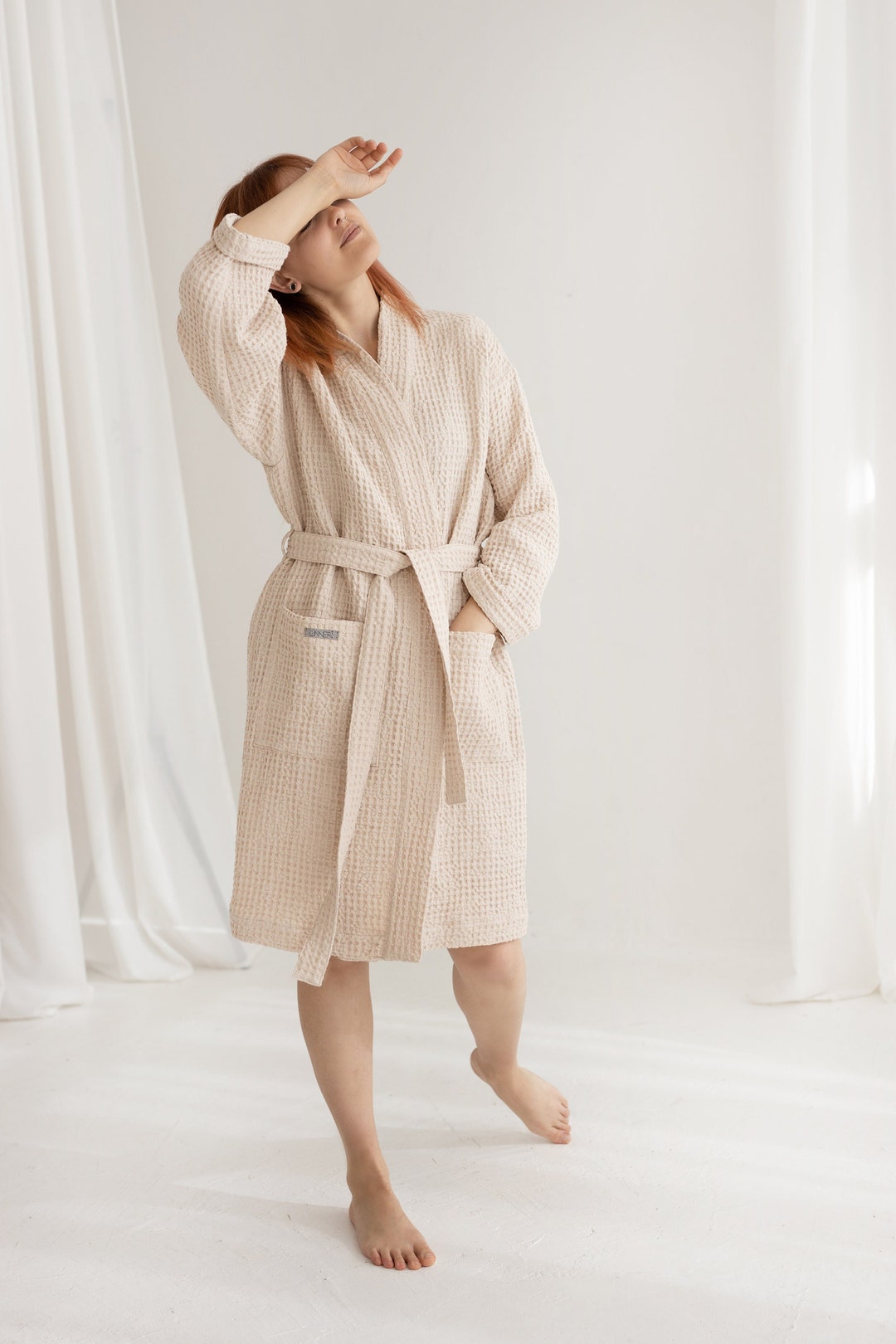 Waffle Linen Bath Robe, Washed Waffle Linen Cotton Night Robe, Unisex ...