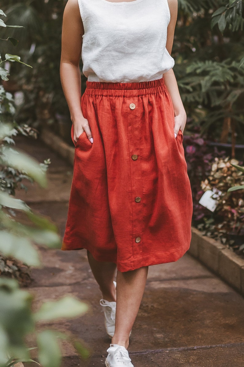 Linen Skirt Midi With Buttons Burnt Orange Rust Skirt With - Etsy