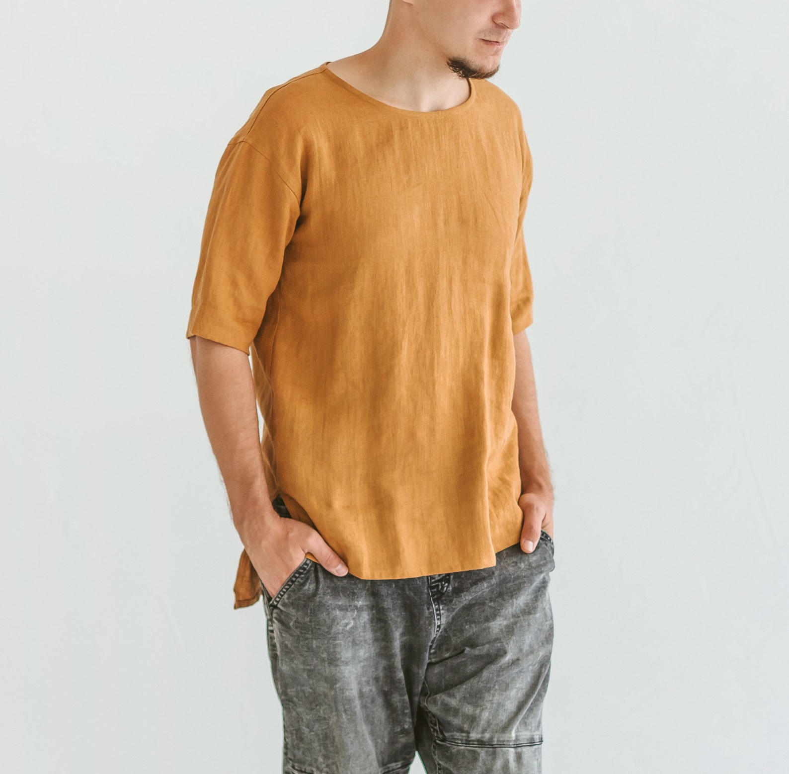 Men Tunic Shirt Mustard Linen Asymmetric Shirt Men Loose Fit - Etsy