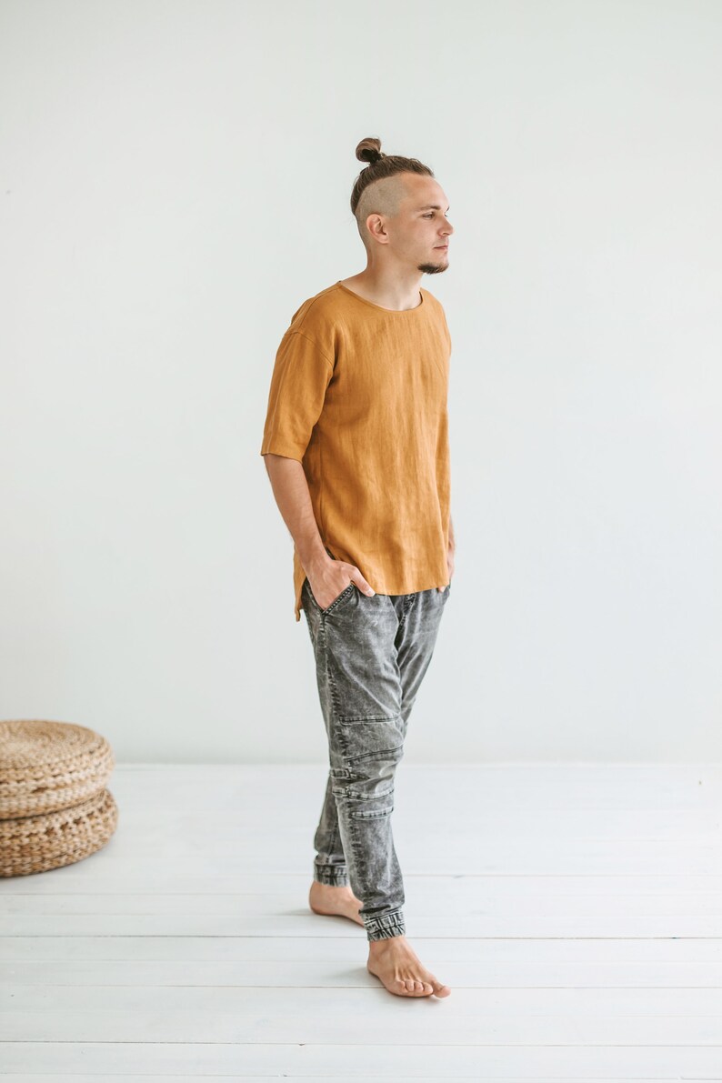 Men Tunic Shirt Mustard Linen Asymmetric Shirt Men Loose Fit - Etsy
