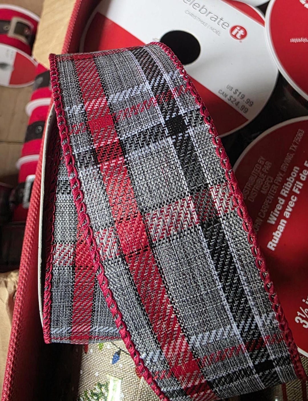 Grey and Red Tartan Plaid Wired Ribbon 1.5" X 30' Christmas Ribbon ...