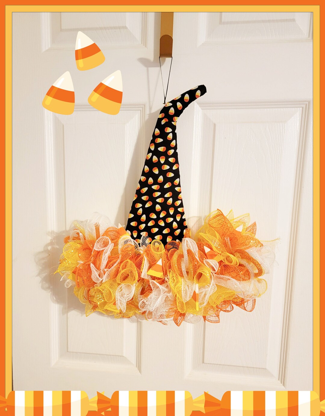 Candy Corn Witch Hat Wreath for Halloween Porch Deco Mesh Autumn Yellow ...