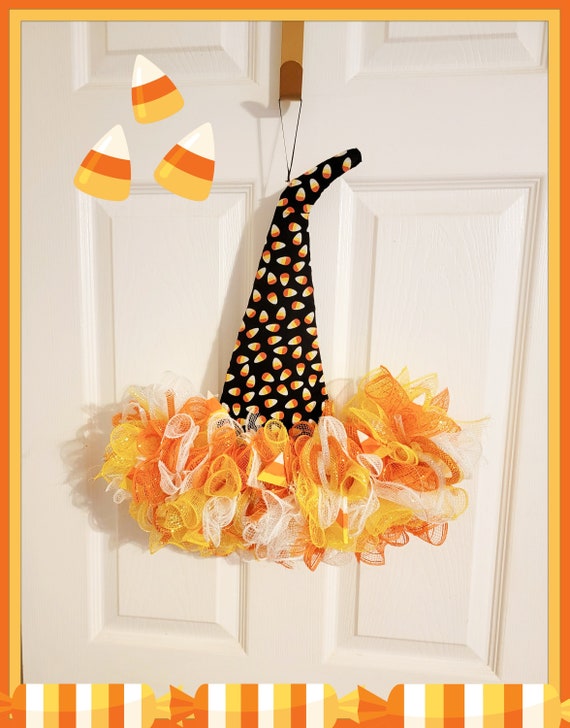Candy Corn Witch Hat Wreath for Halloween Porch Deco Mesh - Etsy