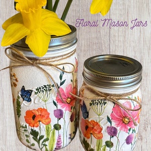 Decoupage Mason Jars/wildflowers and Butterflies/decoupaged Jars/mother ...
