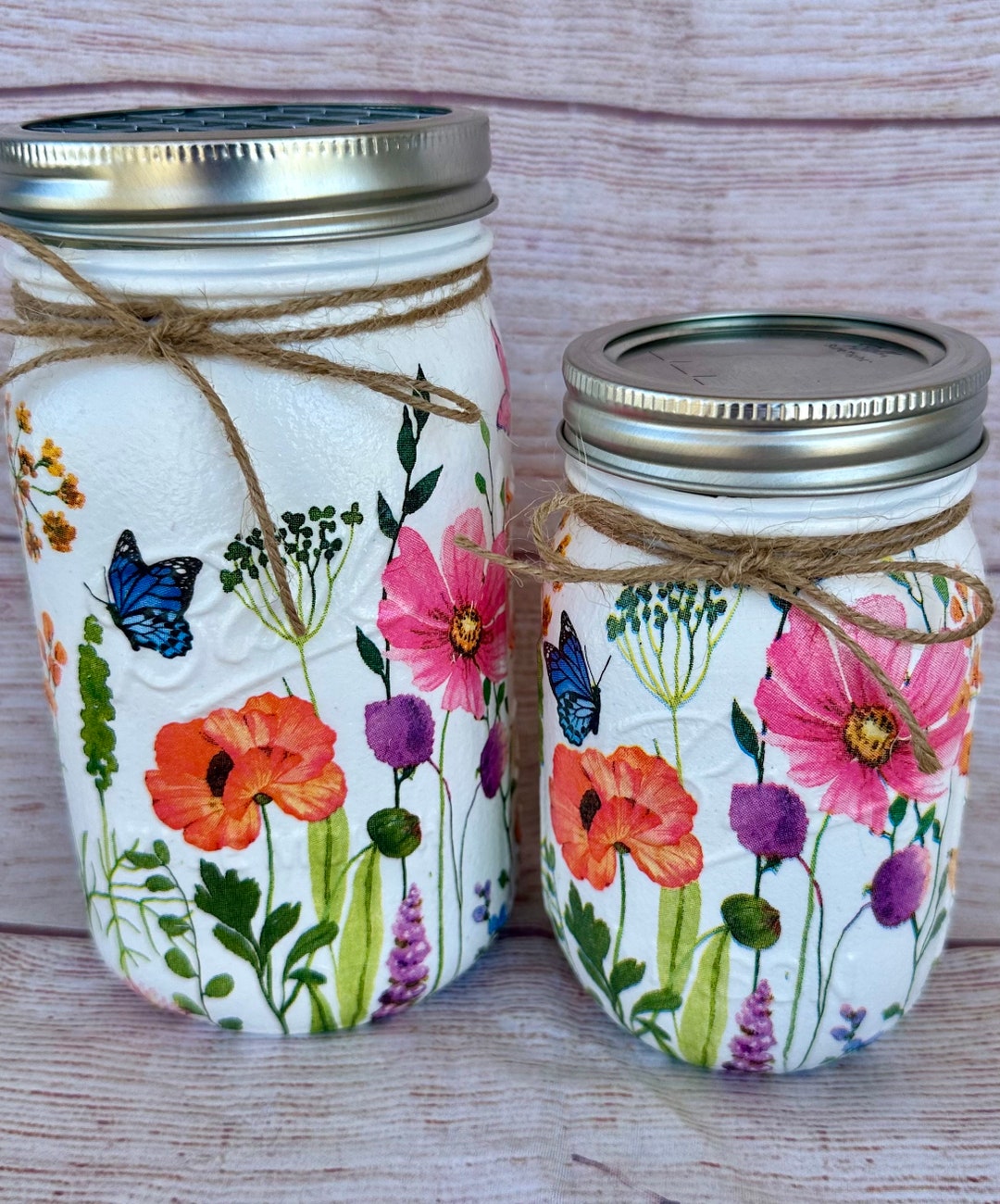 Decoupage Mason Jars/wildflowers and Butterflies/decoupaged Jars/mother ...