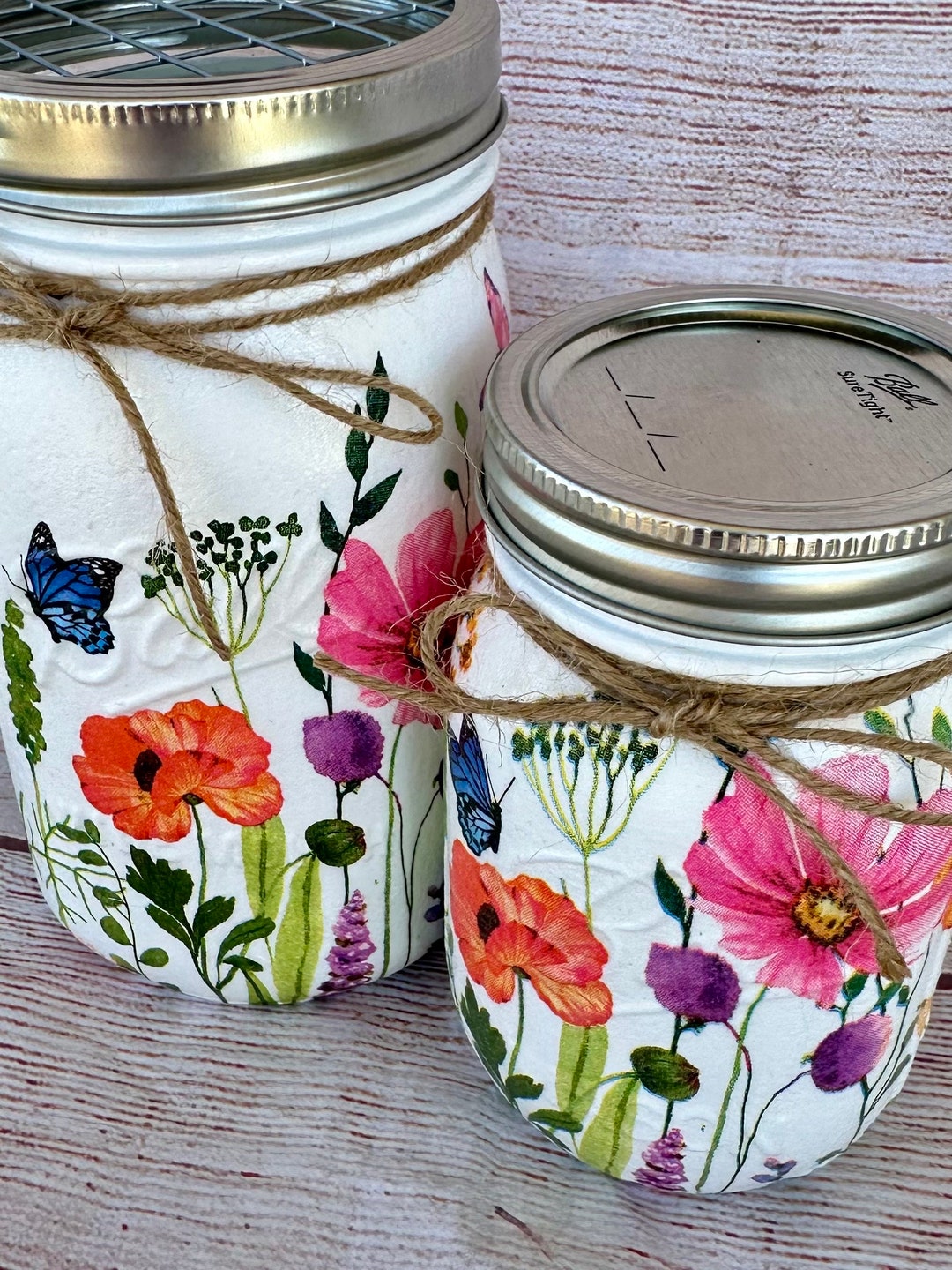 Decoupage Mason Jars/wildflowers and Butterflies/decoupage/flower Vases ...