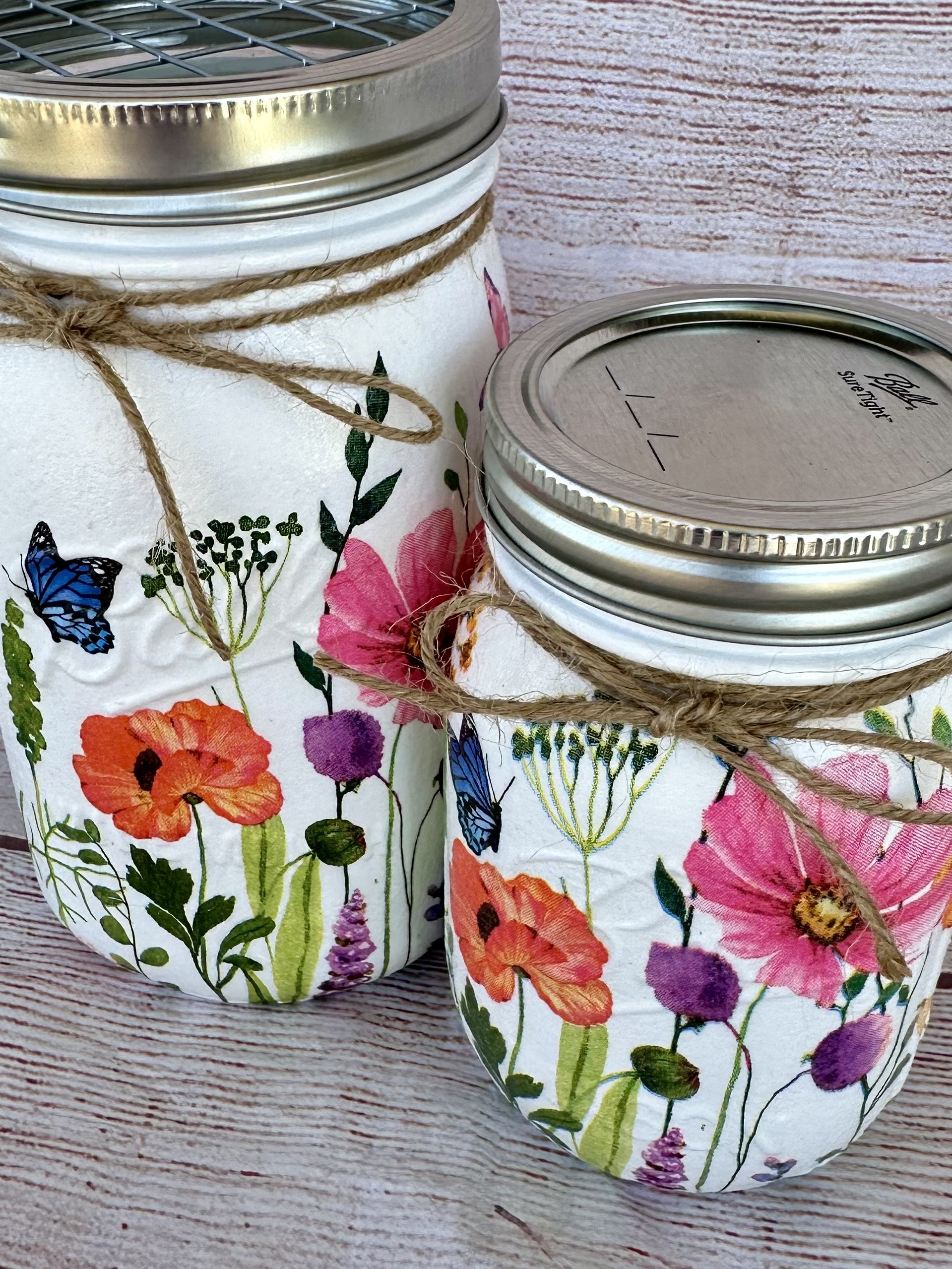 Decoupage Mason Jars/wildflowers and Butterflies/decoupaged Jars/mother ...