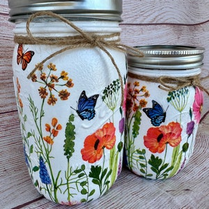 Decoupage Mason Jars/wildflowers and Butterflies/decoupaged Jars/mother ...