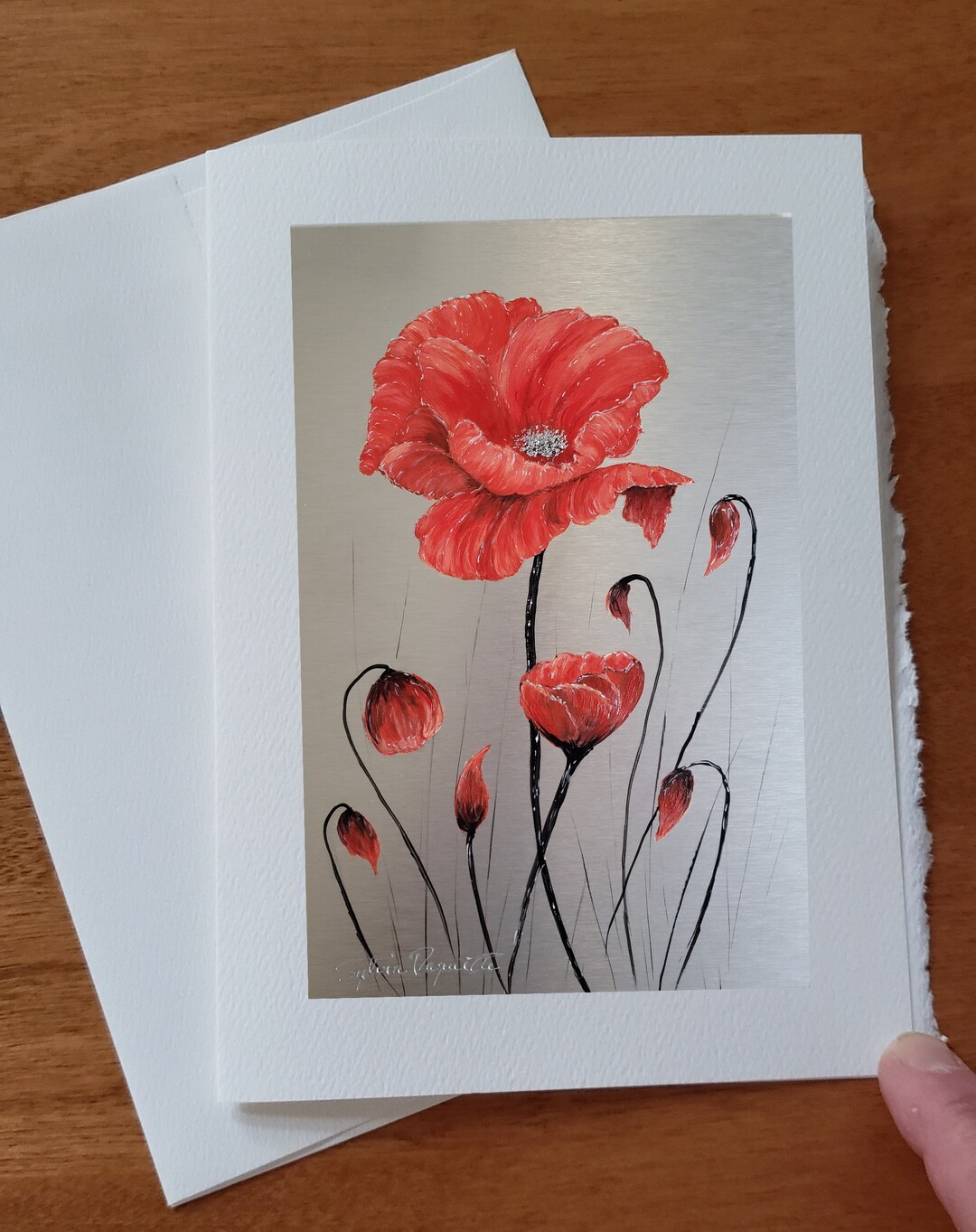 Red Poppy Flower Card With Silver Heart Flower Bud With Stems Birthday ...