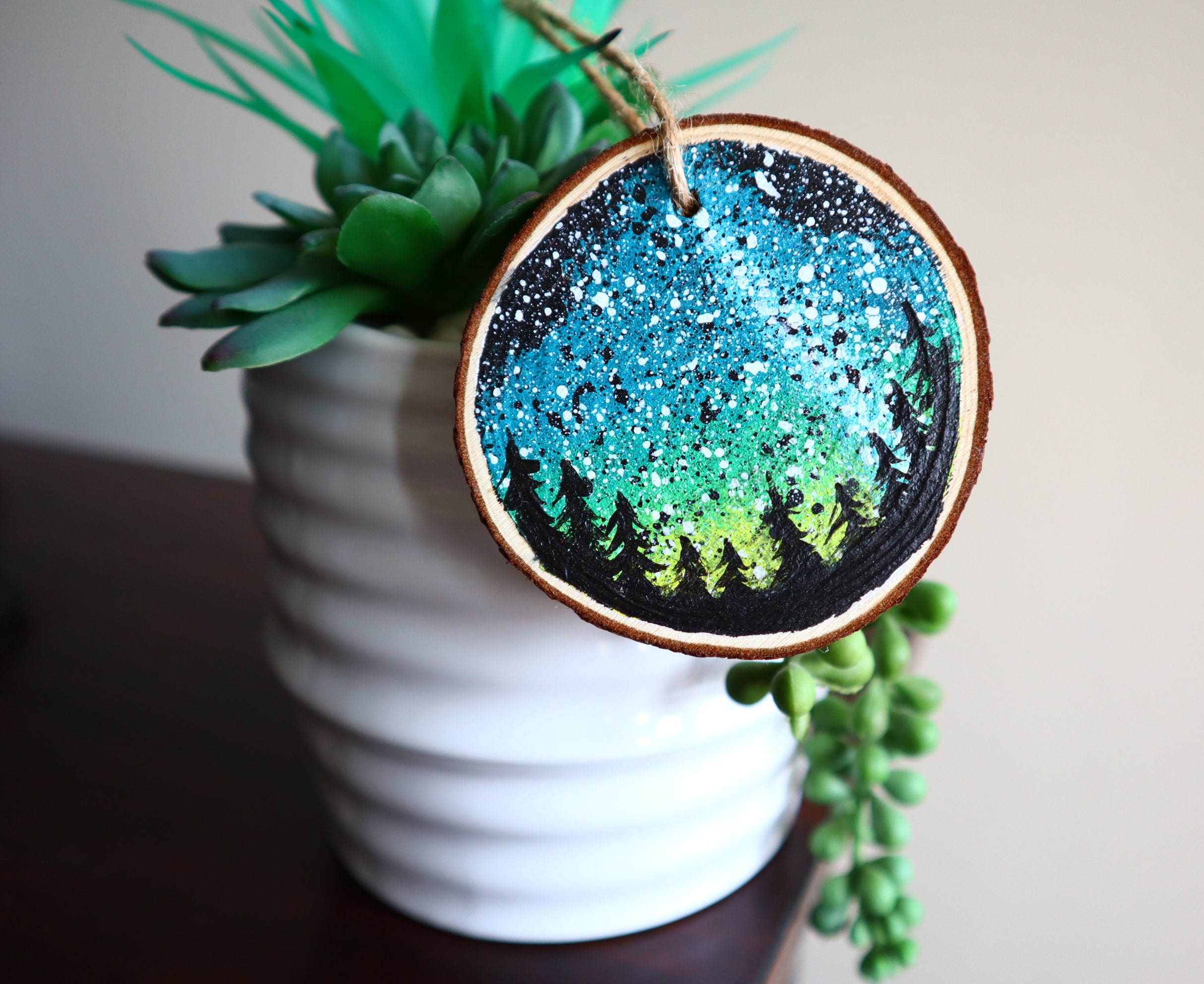 Wood Slice Painting, Wood Slice Ornament, Evergreen Trees, Starry Sky ...