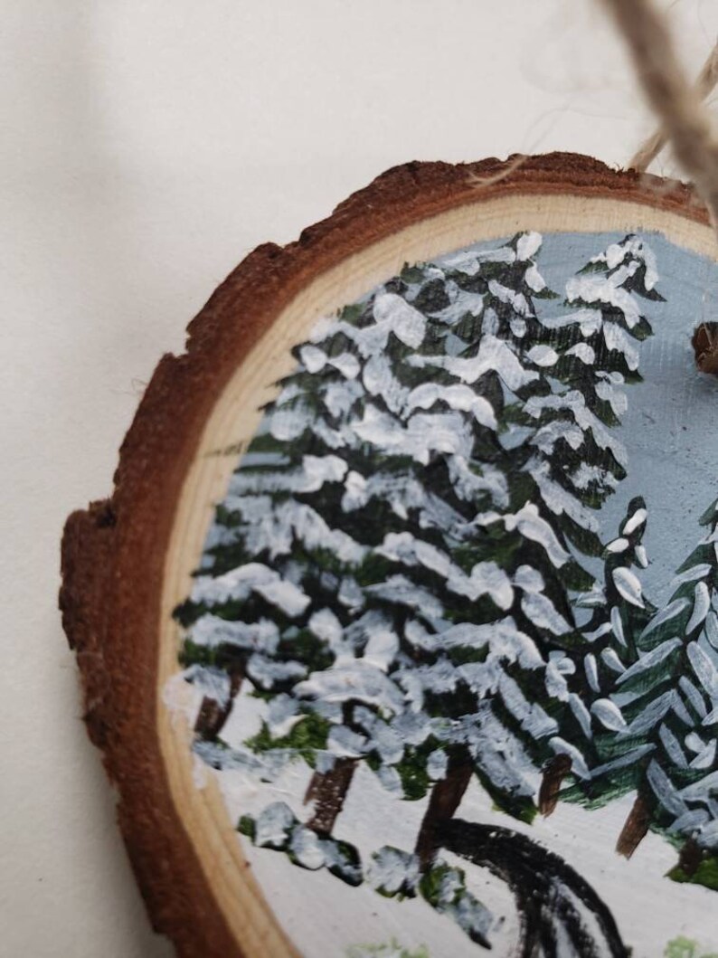 Wood Slice Painting Winter Landscape Evergreen Trees Snow | Etsy