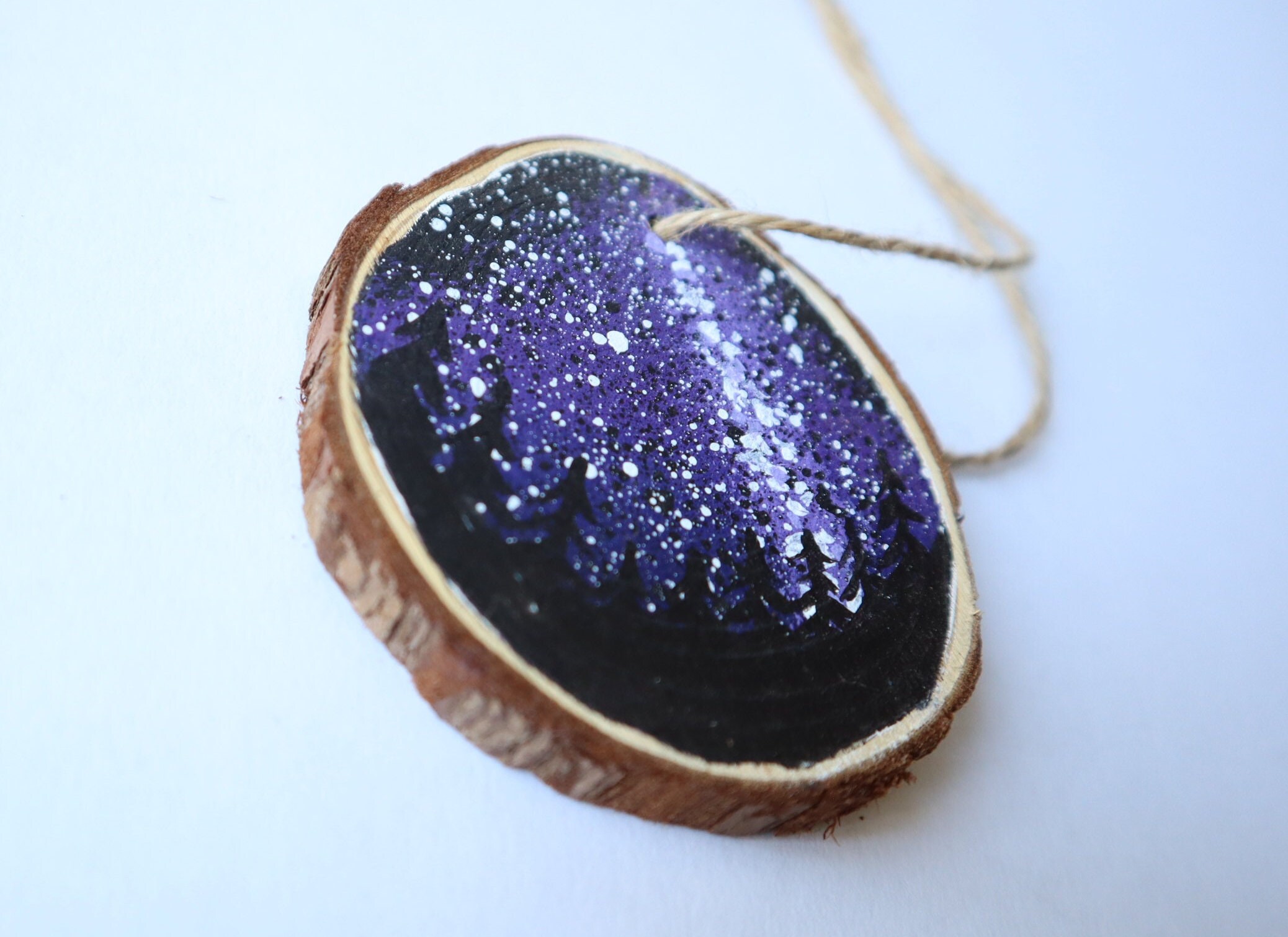 Wood Slice Painting, Wood Slice Ornament, Landscape, Evergreen Trees ...