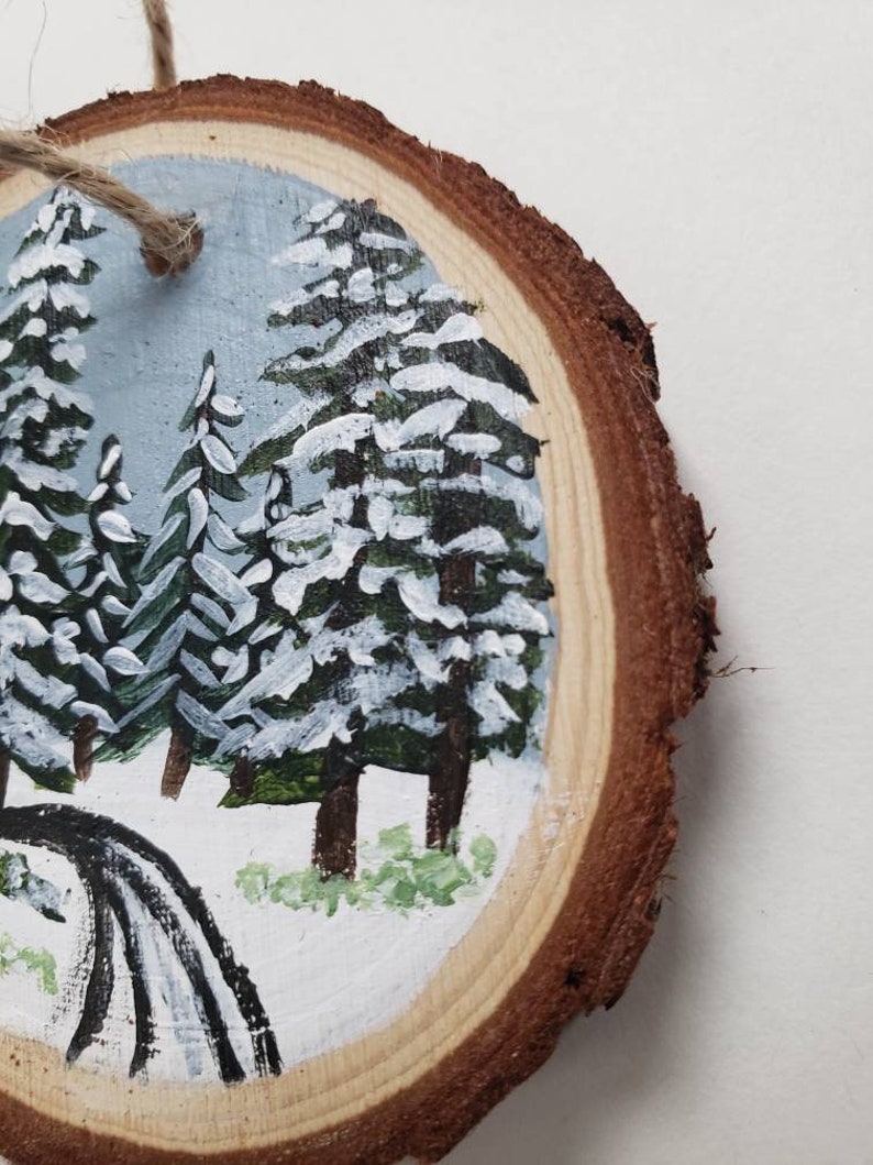 Wood Slice Painting Winter Landscape Evergreen Trees Snow | Etsy