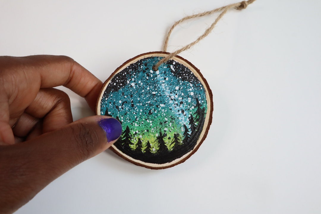 Wood Slice Painting, Wood Slice Ornament, Evergreen Trees, Starry Sky ...