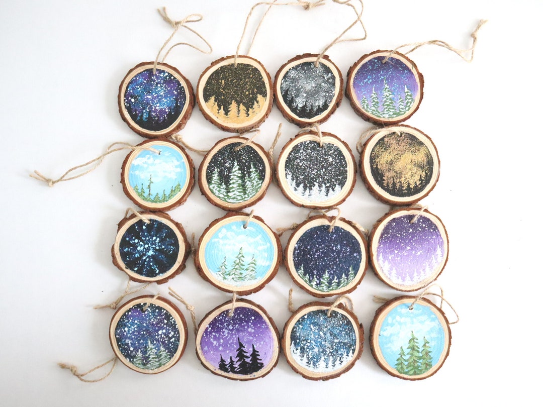 Wood Slice Painting, Evergreen Trees, Starry Night Sky, Forest ...
