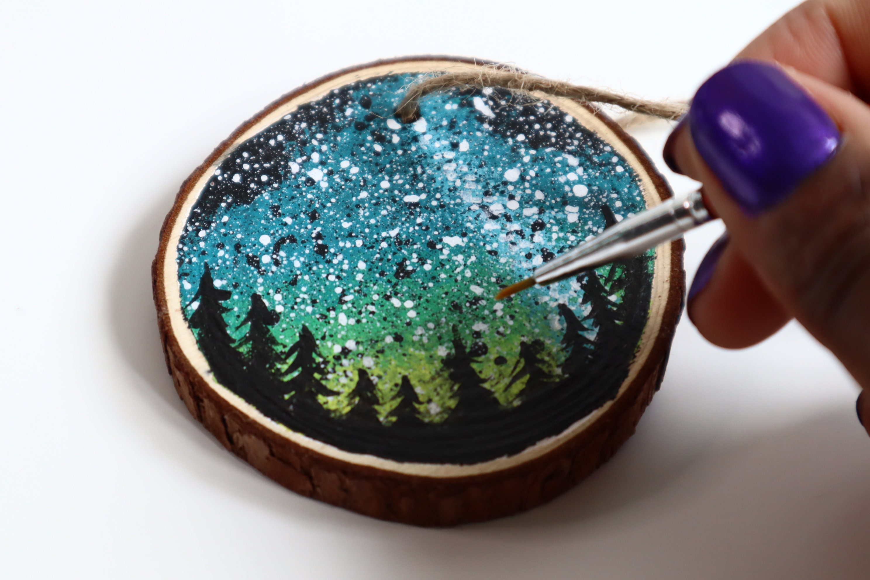 Wood Slice Painting, Wood Slice Ornament, Evergreen Trees, Starry Sky ...