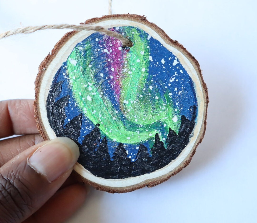 Wood Slice Painting, Aurora Borealis Painting, Pine Tree Art, Wood ...