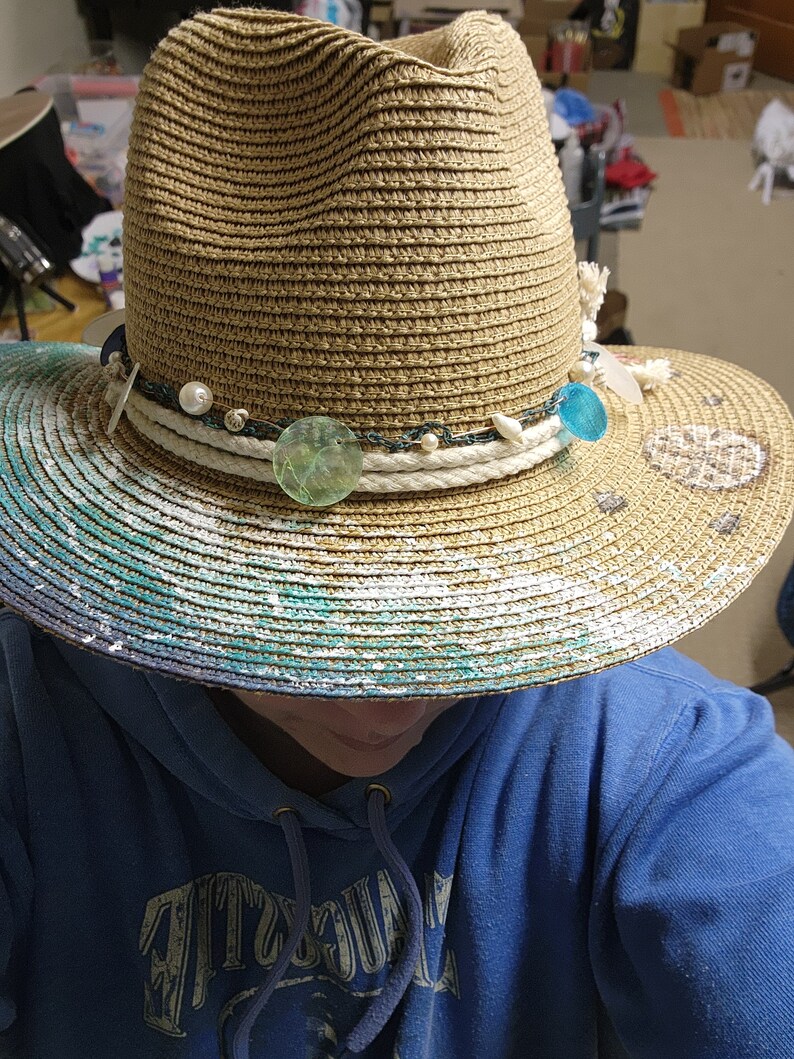 Custom Painted Sun Hat Straw Beach Water and Seashell Custom Hand ...