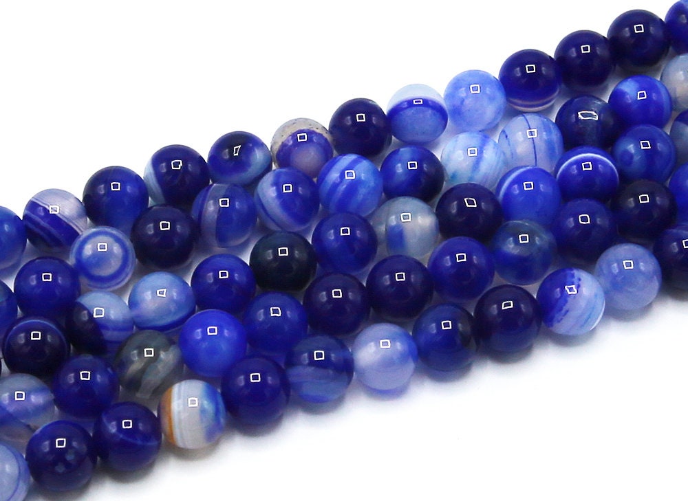 Dark Blue Stripe Agate Beads | Round Natural Gemstone Loose Beads ...