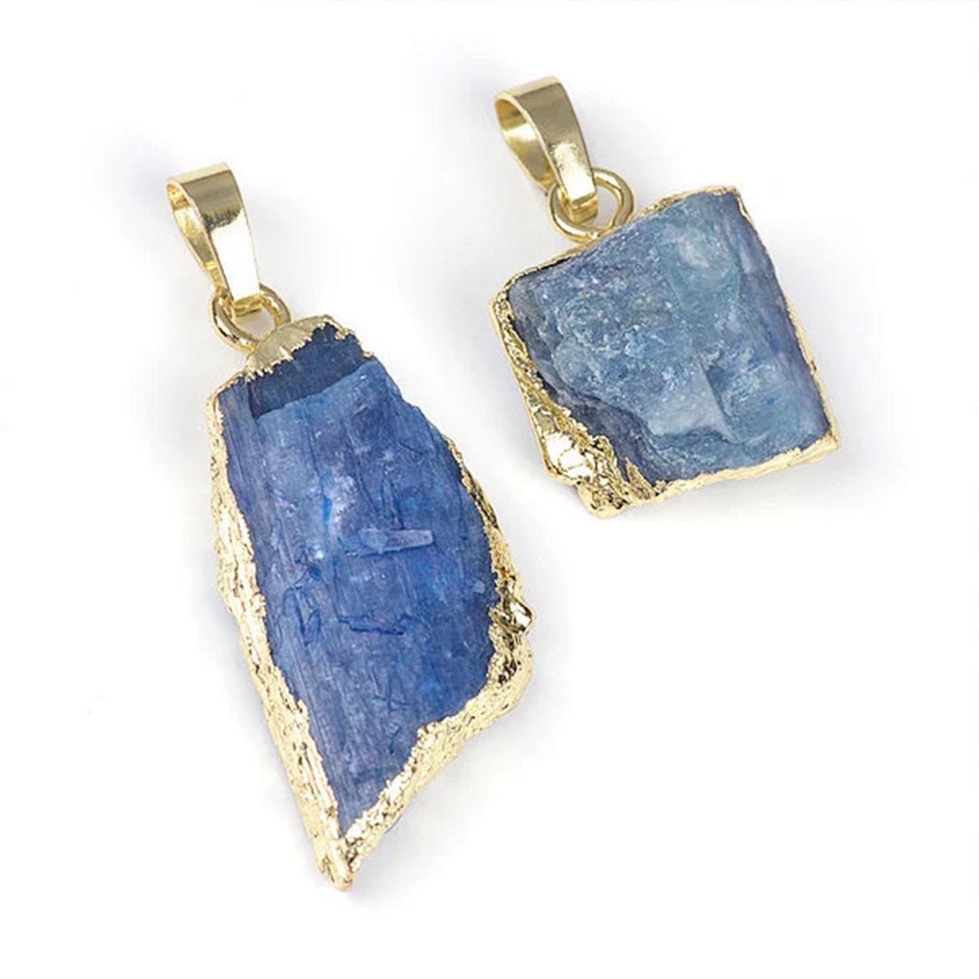 ONE Natural Blue Kyanite Gemstone Gold Edge Plated Slab Pendant Size ...