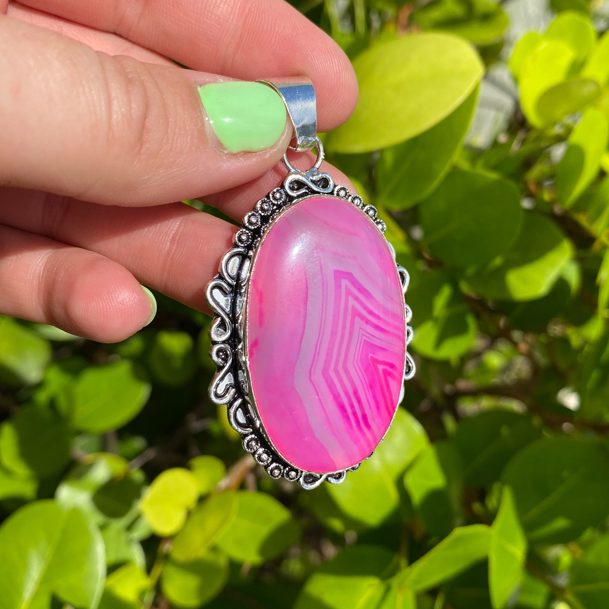 Natural Pink Agate Gemstone 925 Sterling Silver Pendant Focal Bead Size ...
