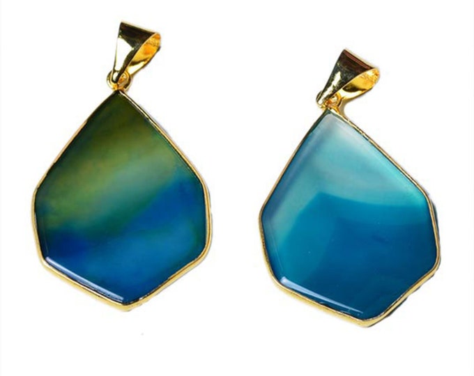 ONE Natural Blue Green Agate Gemstone Pendant | Gold Color Brass | Size ...