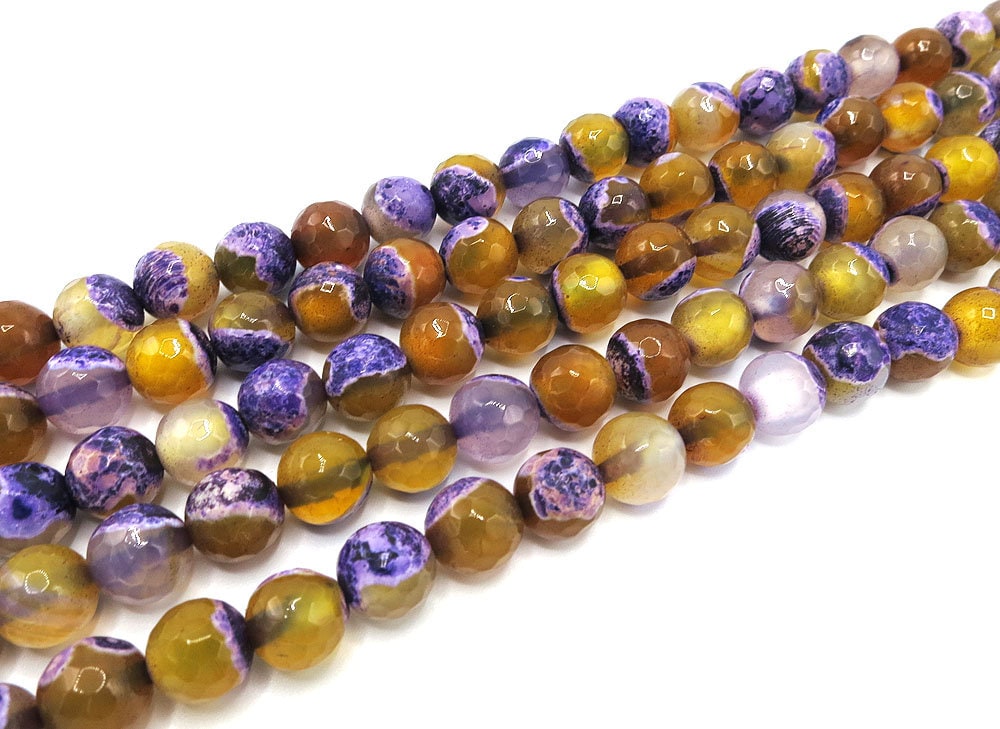 Fire Agate Beads | Purple Yellow | Faceted Round Natural Gemstone Loose ...