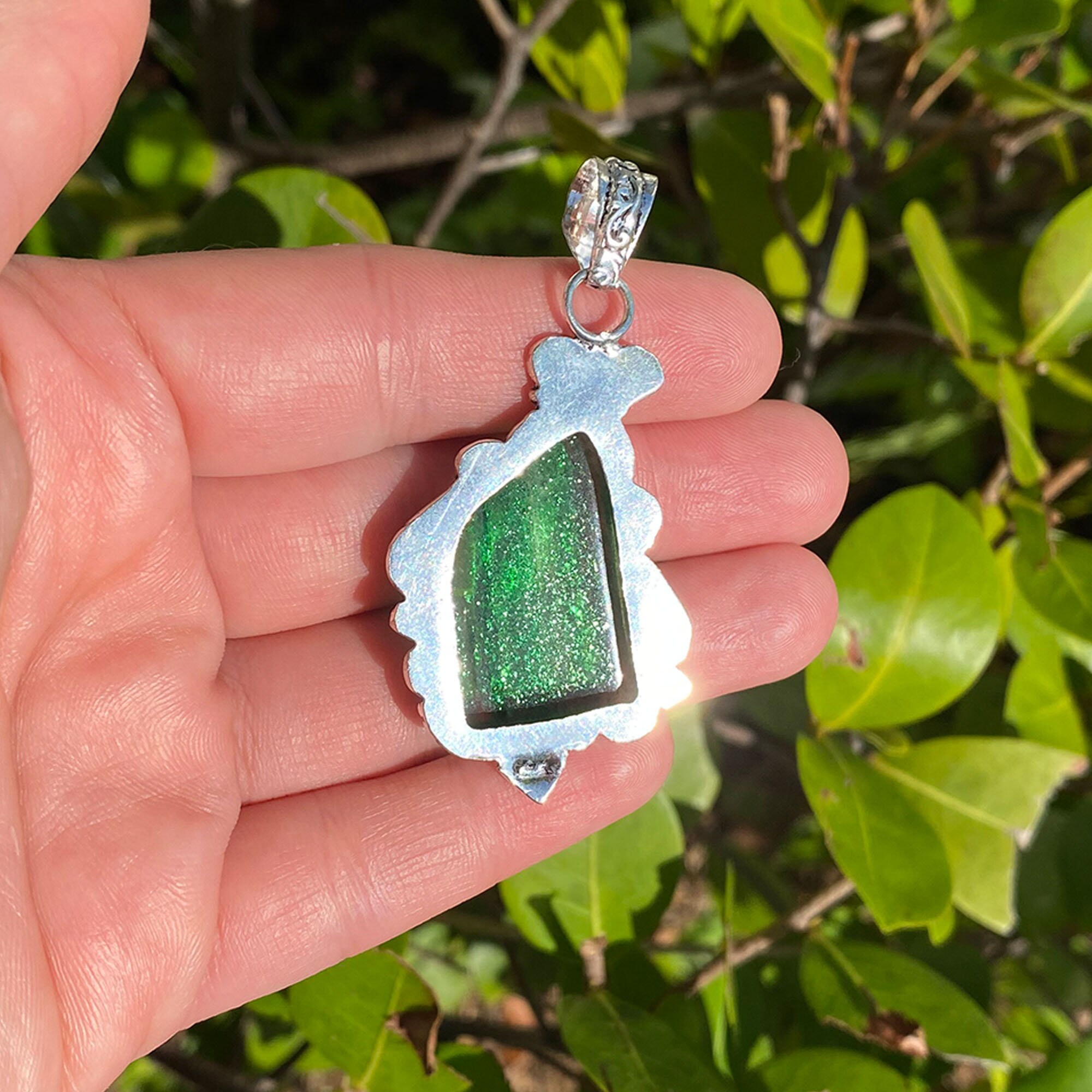 Green Goldstone Pendant 925 Sterling Silver Gemstone Pendant Focal Bead ...