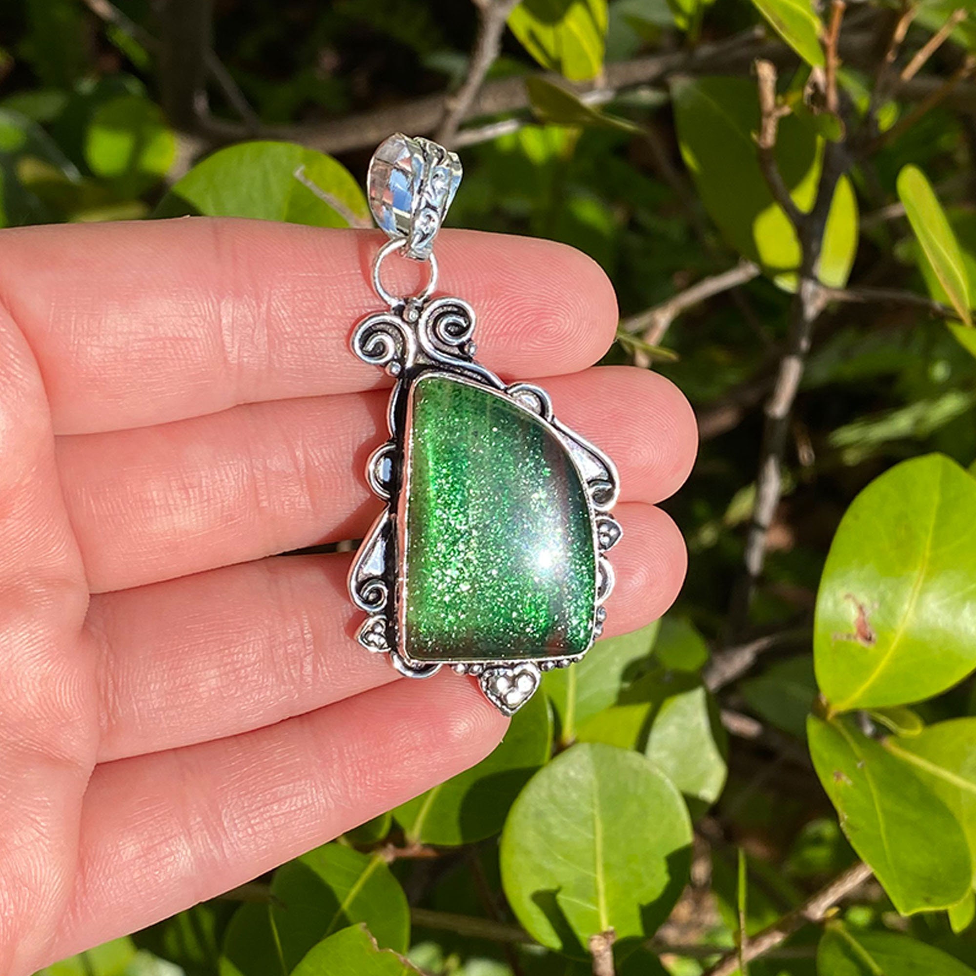 Green Goldstone Pendant 925 Sterling Silver Gemstone Pendant Focal Bead ...