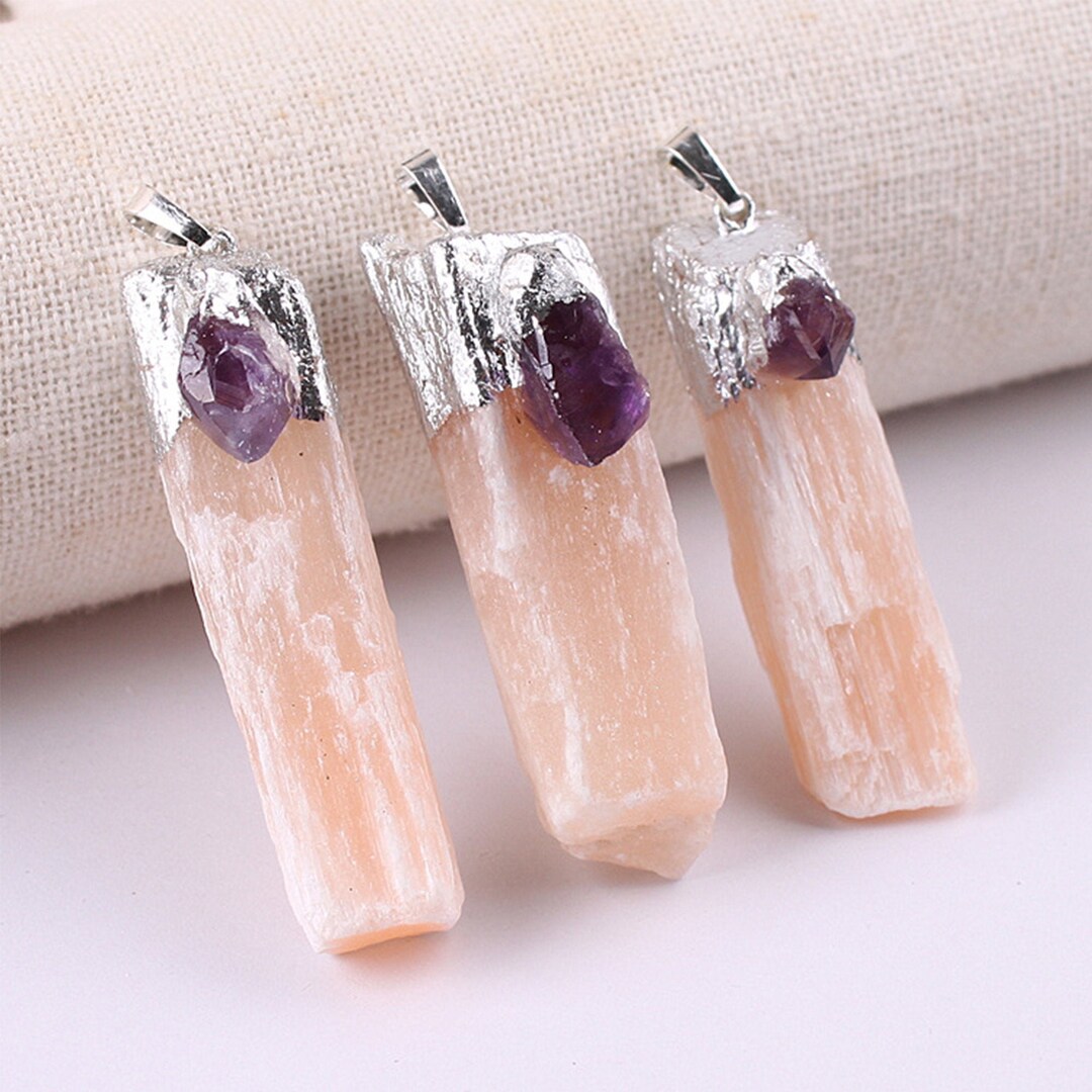 ONE Silver Edged Natural Pink Gypsum Gemstone Pendant With Raw Amethyst ...