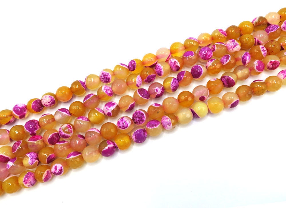 Fire Agate Beads | Yellow Pink | Faceted Round Natural Gemstone Beads ...