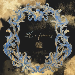 Watercolor Gold Foil Blue Frame Clipart, Royal Wedding Png, Baroque ...