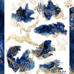 Blue and Gold Watercolor Shapes Clipart: Abstract Collage (digital ...