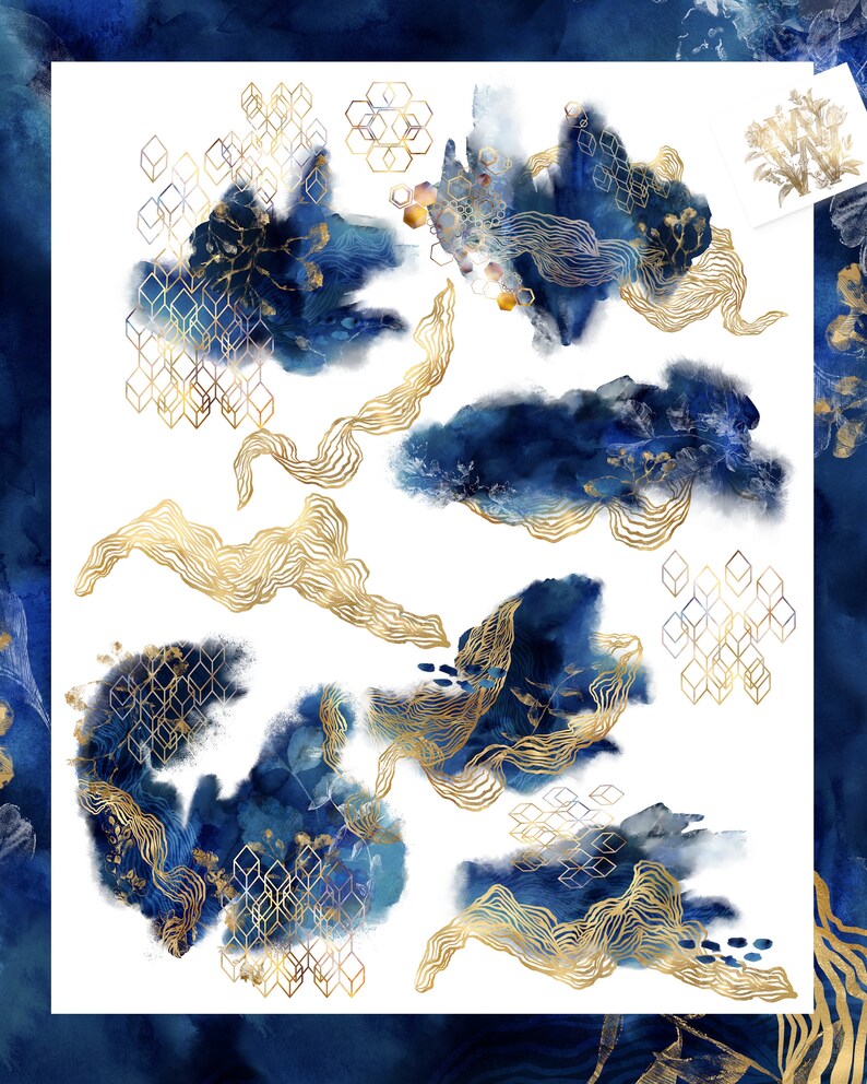 Blue and Gold Watercolor Shapes Clipart: Abstract Collage (digital ...