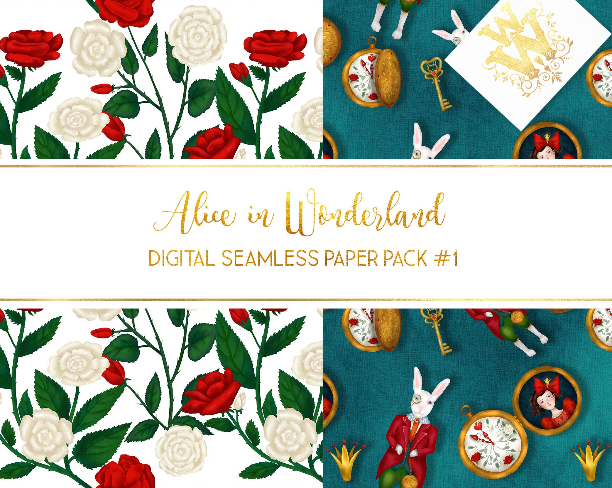 Alice in Wonderland Digital Paper Pack Seamless Fantasy - Etsy