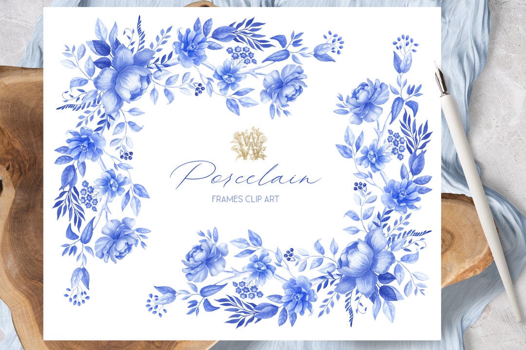 Blue Floral Frames Clip Art, Watercolor Chinoiserie Clipart, Indigo ...