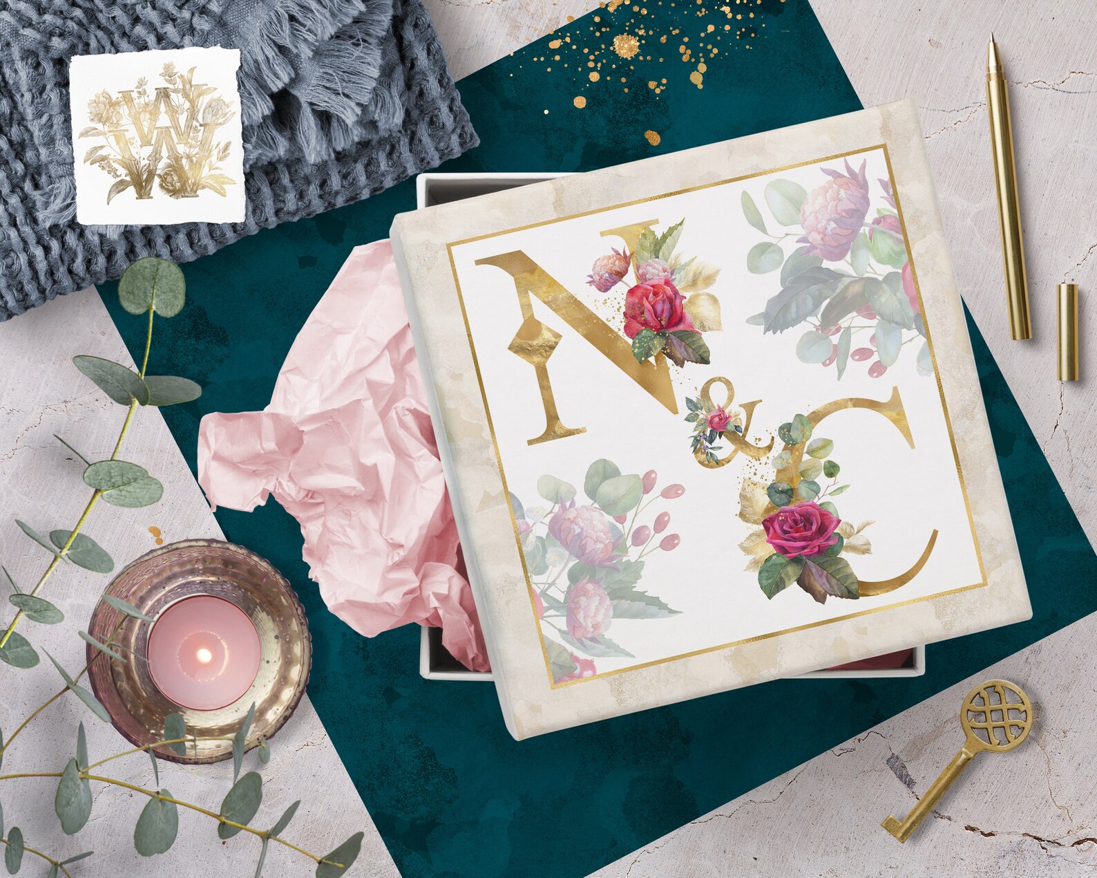 Watercolor Floral Alphabet Clipart: Gold Letters, Red Roses (PNG ...