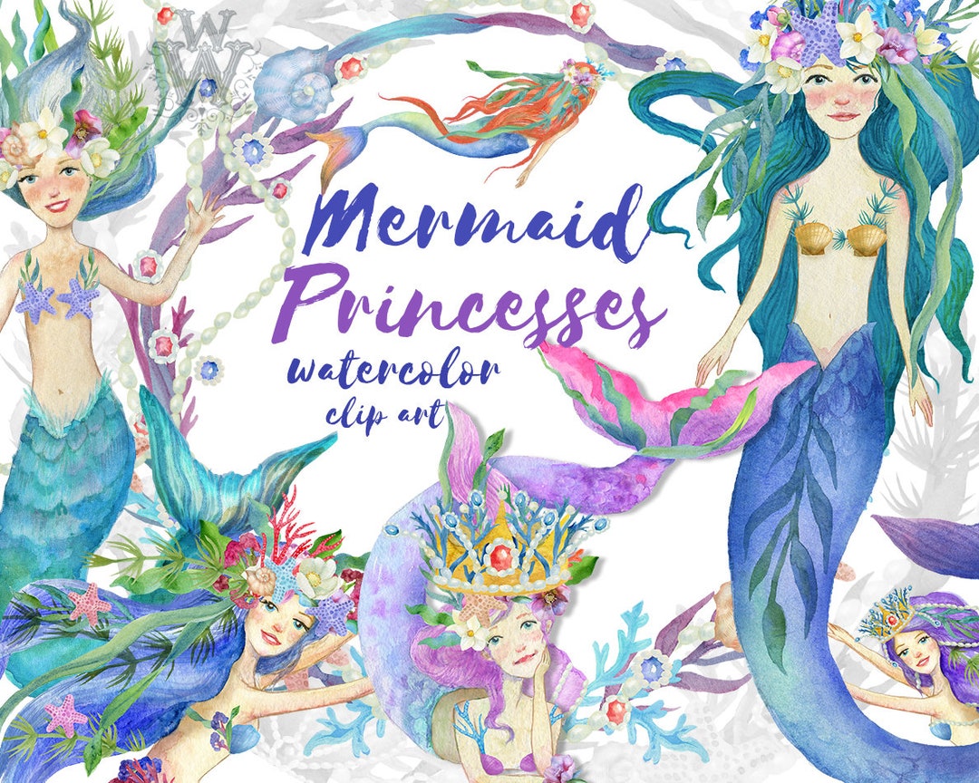 Watercolor Mermaid Princess Clipart: Nautical Baby Shower (digital ...