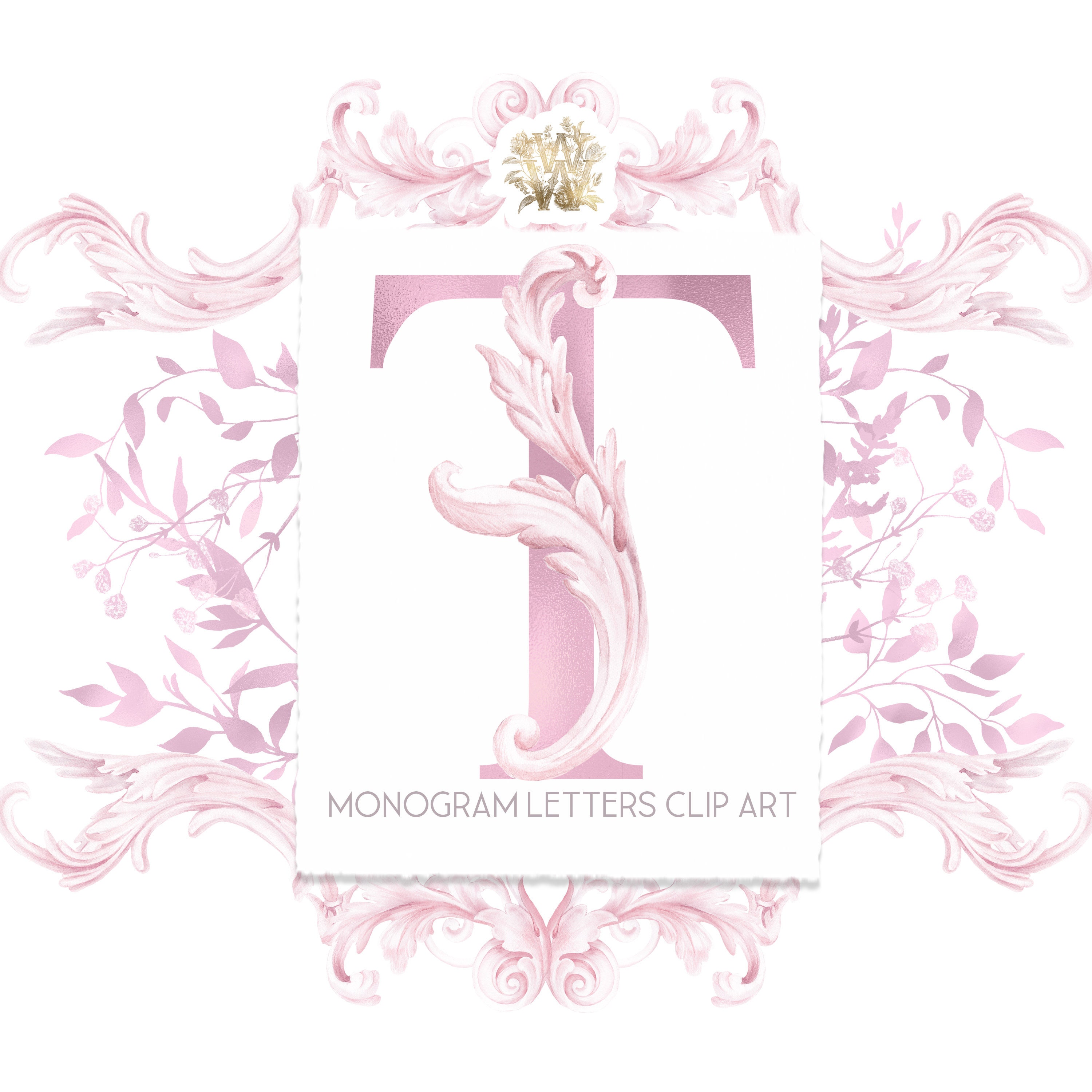 Pink Monogram Letters Clipart: Hand Drawn Princess Initial PNG, Regency ...
