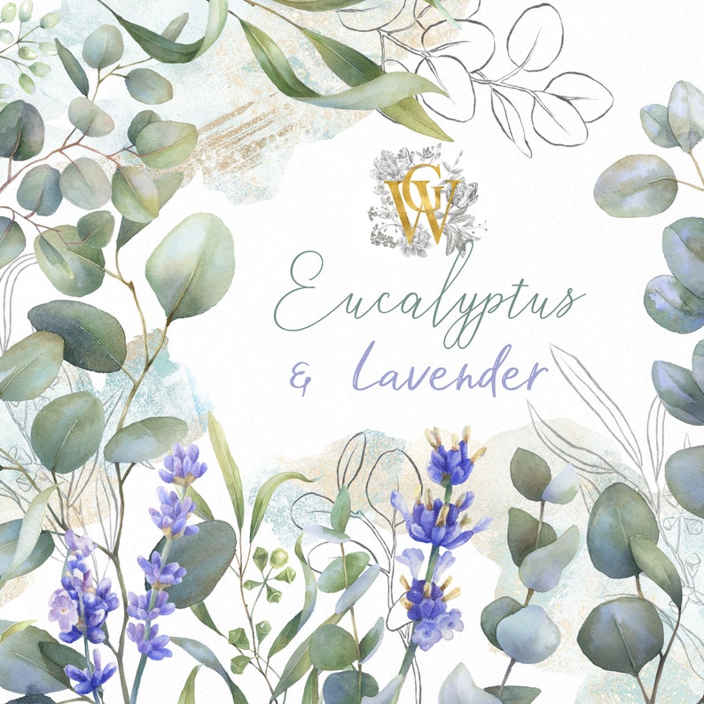Watercolor Eucalyptus Clipart: Lavender, Greenery, Bird (PNG) - Etsy