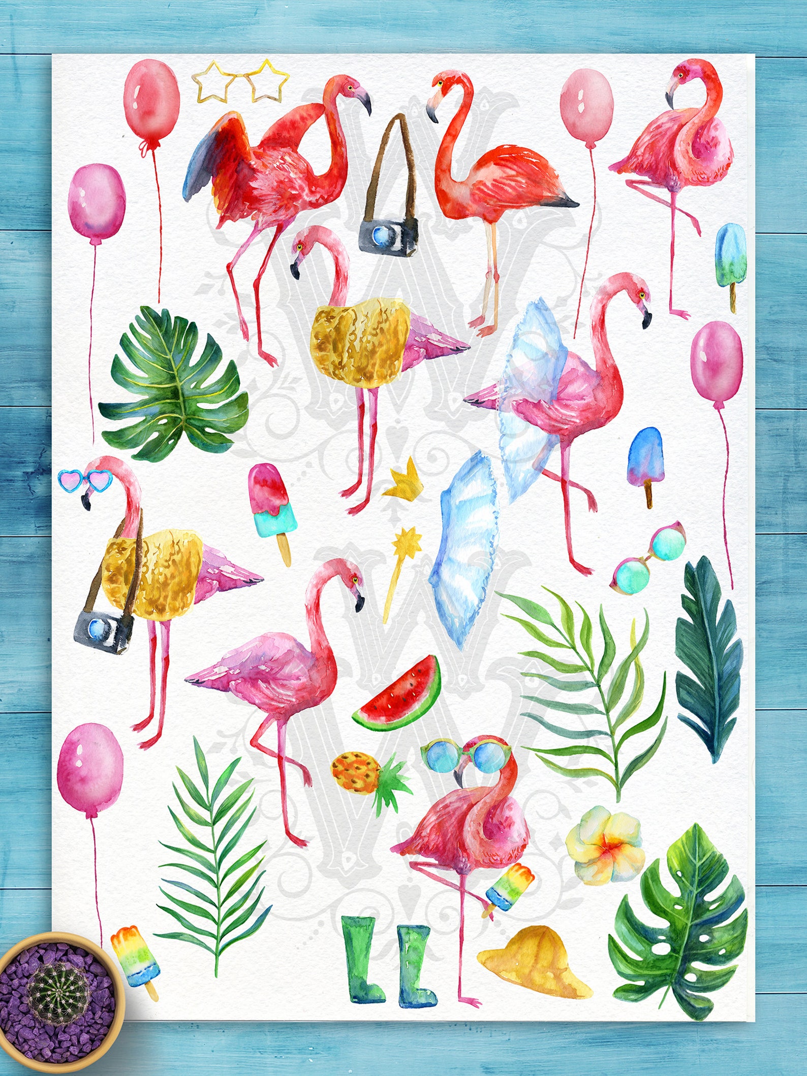 Watercolor pink Flamingo clipart Tropical summer beach Clip | Etsy
