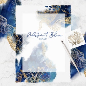 Blue and Gold Watercolor Shapes Clipart: Abstract Collage (digital ...