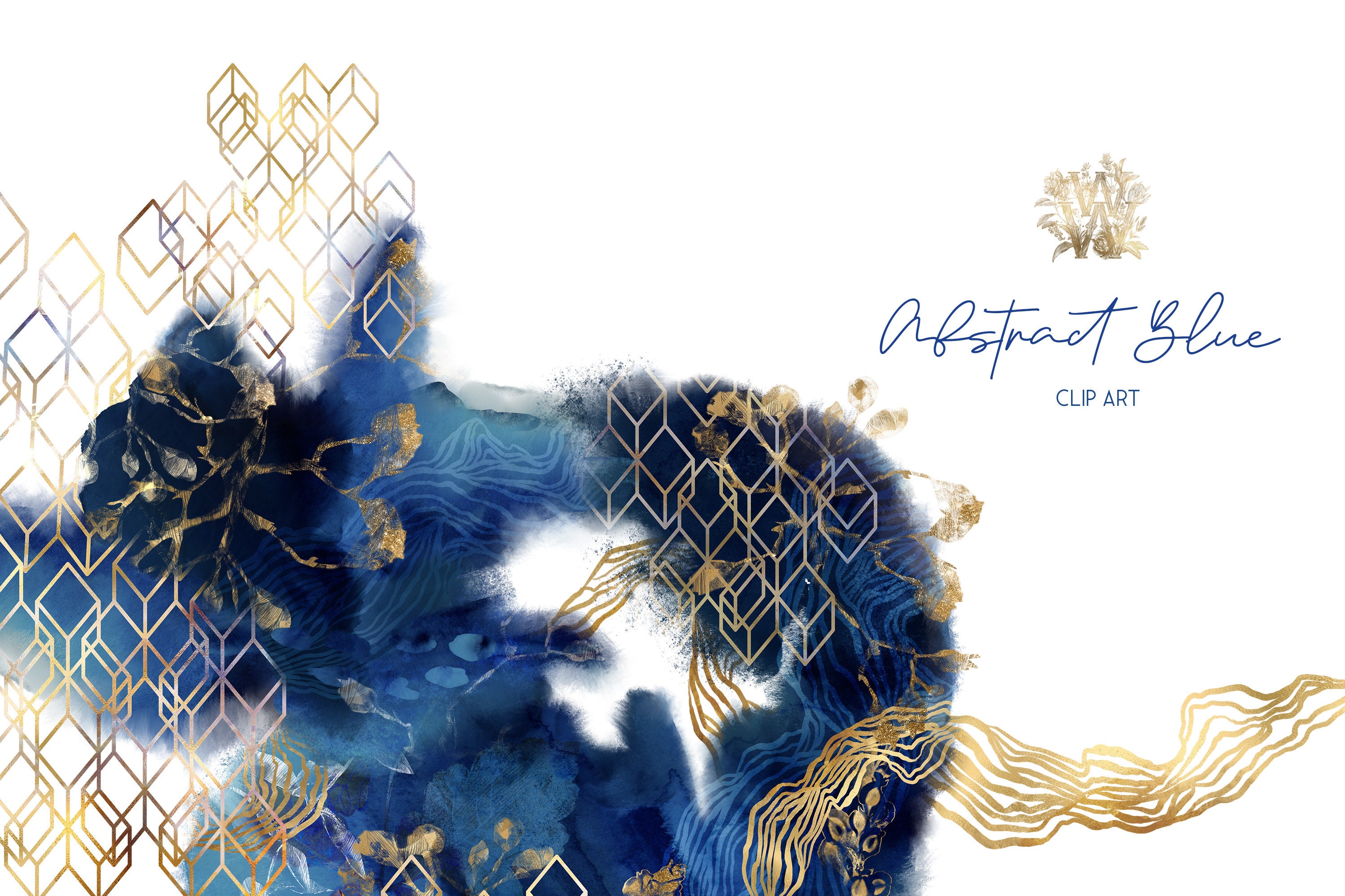 Blue and Gold Watercolor Shapes Clipart Abstract Collage Clip - Etsy