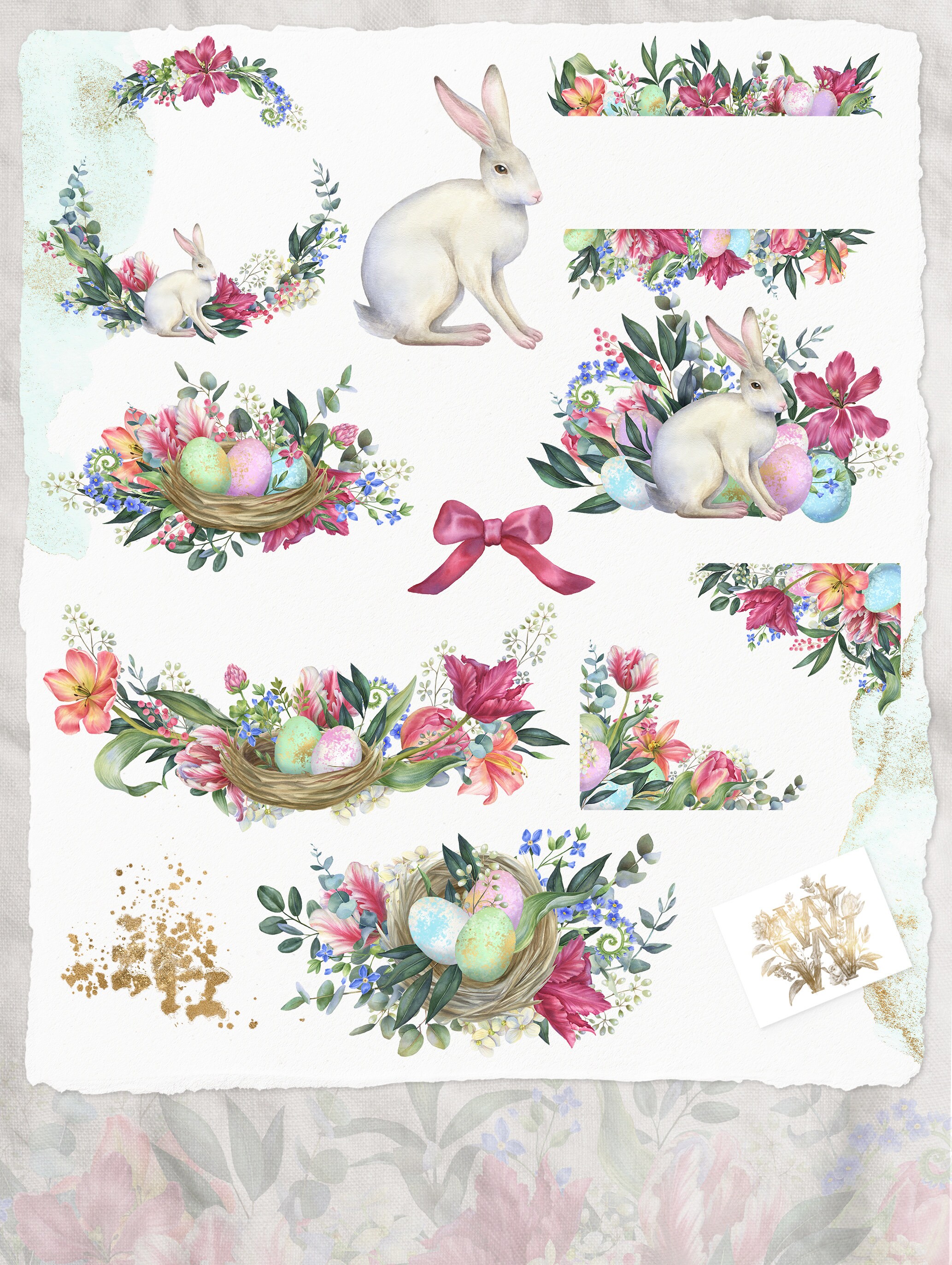 Watercolor Easter Bouquets Clip Art Spring Bunny Border - Etsy