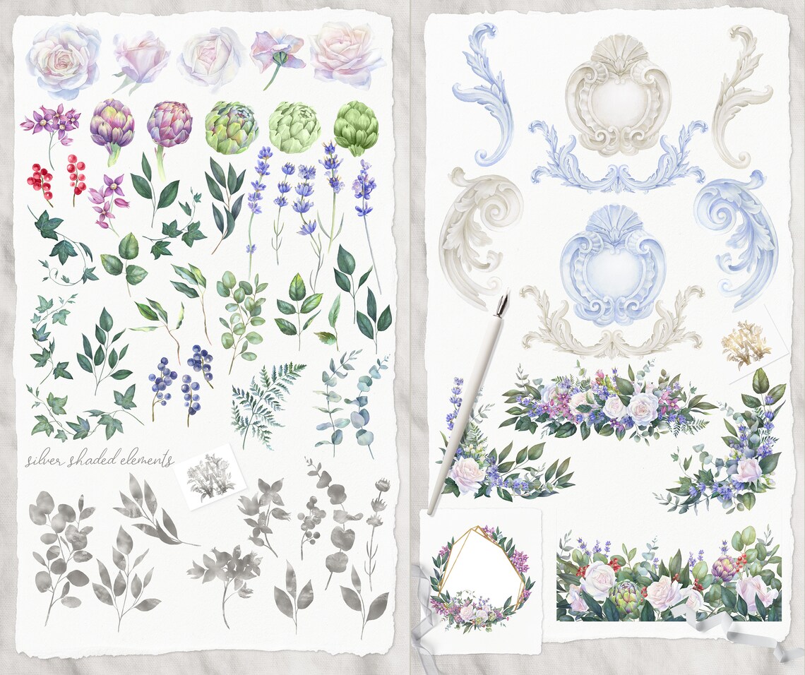 White Rose Watercolor Wedding Clip art floral ornate antique | Etsy