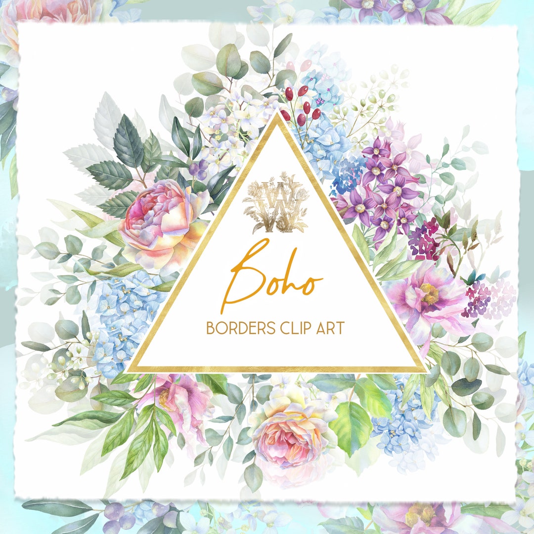 Boho Floral Border Clip Art, Watercolor Rose Frame Clipart, Pink Peony ...