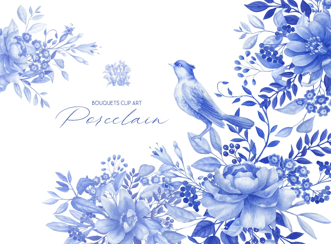 Chinoiserie Clipart, Blue Watercolor Floral Border Clip Art, Porcelain ...