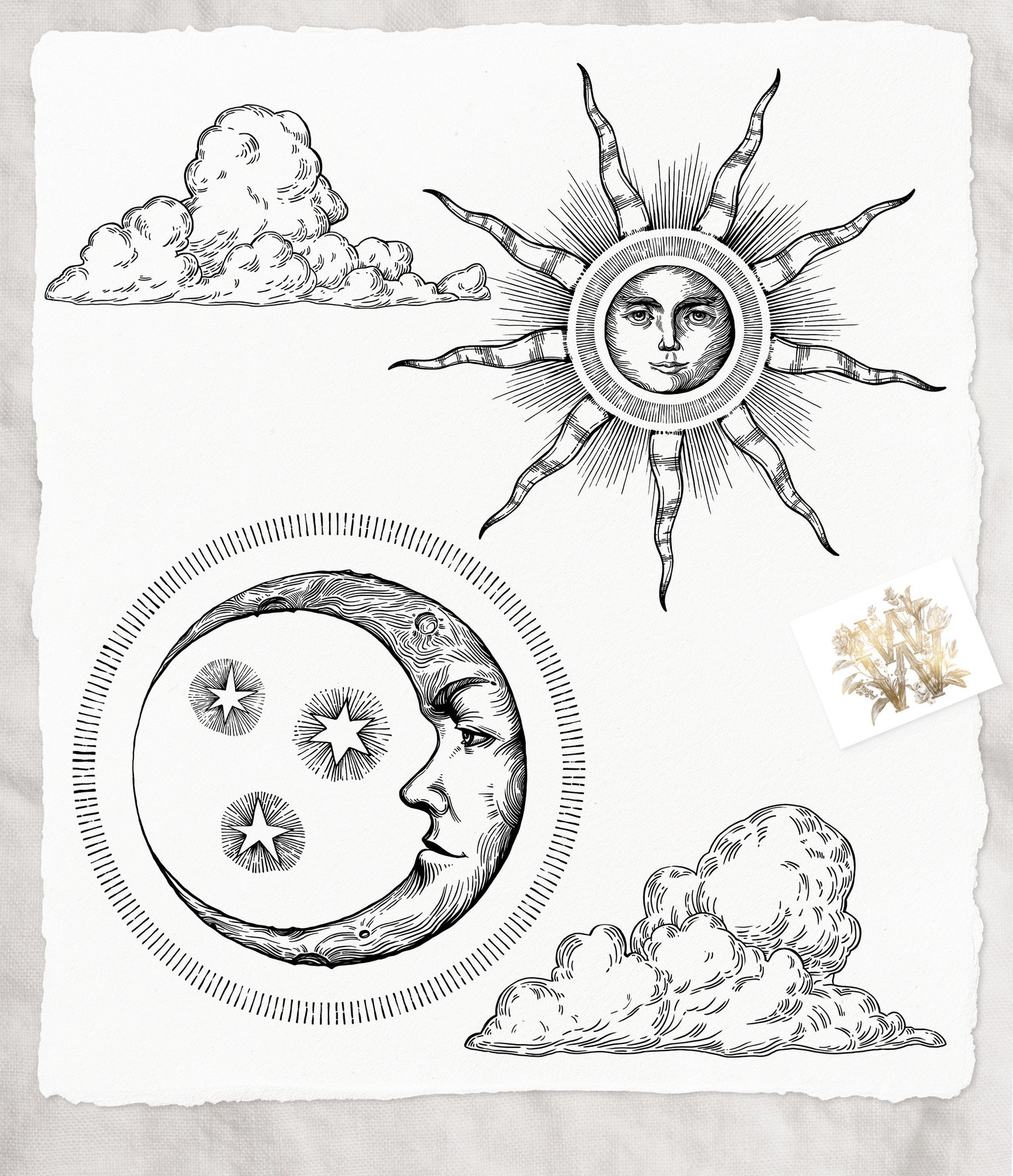 Medieval Old Style Sun Moon With Faces Clip Art Clouds - Etsy