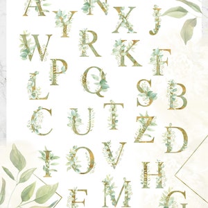 Watercolor Greenery Alphabet Clipart: Gold Eucalyptus Monogram (PNG) - Etsy